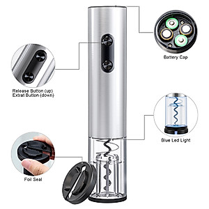 COKUNST Electric Wine Opener, Battery Operated Corkscrews Wine Bottles Openers with Foil Cutter & LED Light, Reusable Automatic Wine Remover Stainless Steel for Wine Lover Home Kitchen Party