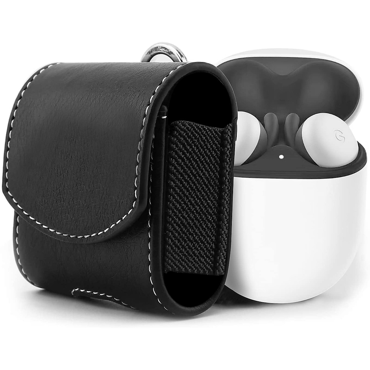 Miimall Compatible for Google Pixel Buds Pro Case Leather, Wear-Resist Magnetic Closure Protective Pouch Pocket with Lanyard, Holster Leather Case for Pixel Buds A-Series, Pixel Buds 2 (Black)