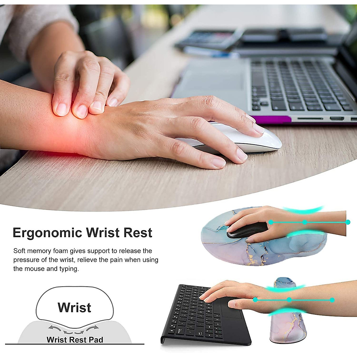 Keyboard Wrist Rest and Mouse Pad with Wrist Support, Ergonomic Memory Foam Mouse Pad for Gaming and Office, Pain Relief Mouse Pad and Wrist Support Set