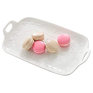 MyGift Vintage Christmas Serving Platter with Handles, Decorative White Ceramic Cheese & Snack Tray with Fleur-de-Lis Design, 11-Inch