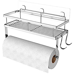 ESOW Paper Towel Holder with Shelf Storage, Adhesive Wall Mount 2-in-1 Basket Organizer for Kitchen & Bathroom, Durable Metal Wire Design, Stainless Steel 304 Brushed Nickel Finish