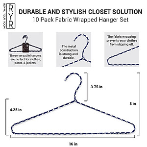 Rethink Your Room Clothes Hangers 10 Pack Stylish Fabric Wrapped Metal, Space Saving Coat, Velvet, Pant Hangers for Closet Organization, Durable Non-Slip, Navy/White Wardrobe Essentials Bulk Storage