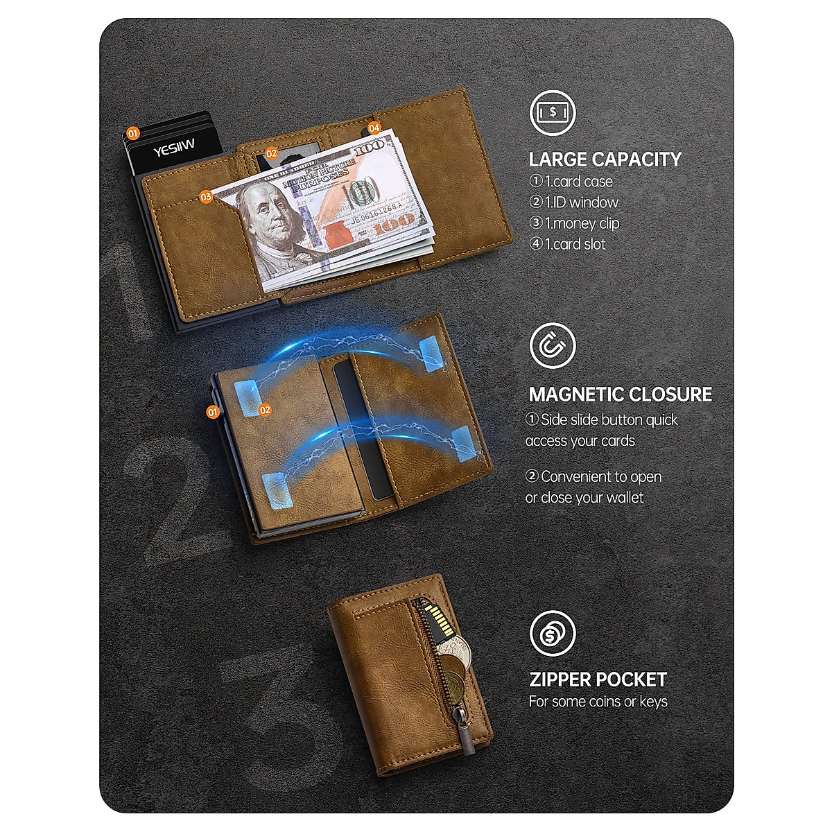 YESIIW AirTag Wallet For Men, Smart Wallet RFID Blocking Credit Card Holder, Silm Leather Front Pocket Wallet, Minimalist Trifold Wallet with ID Window, Money Clip, Apple Airtag Holder (Earth Yellow)