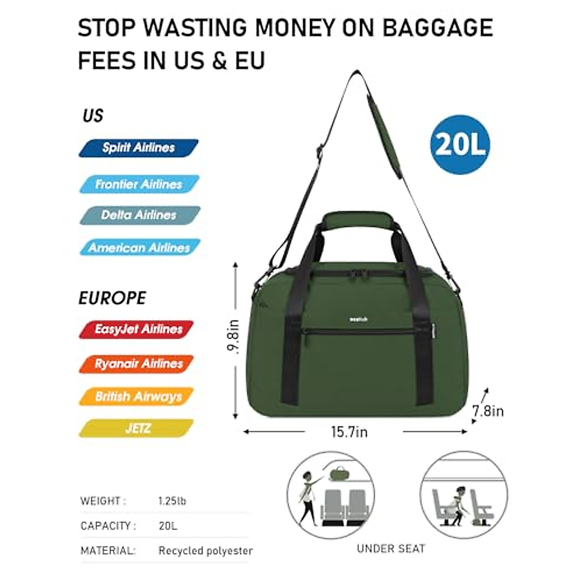 ECOHUB Personal Item Bag 16'' Small Duffel Bag Travel Bag Weekender Bag Gym Bag Tote Duffel bag Overnight Bags Travel Essentials for Women and Men Shoulder Bag Carry On Shoes Bag (Green)