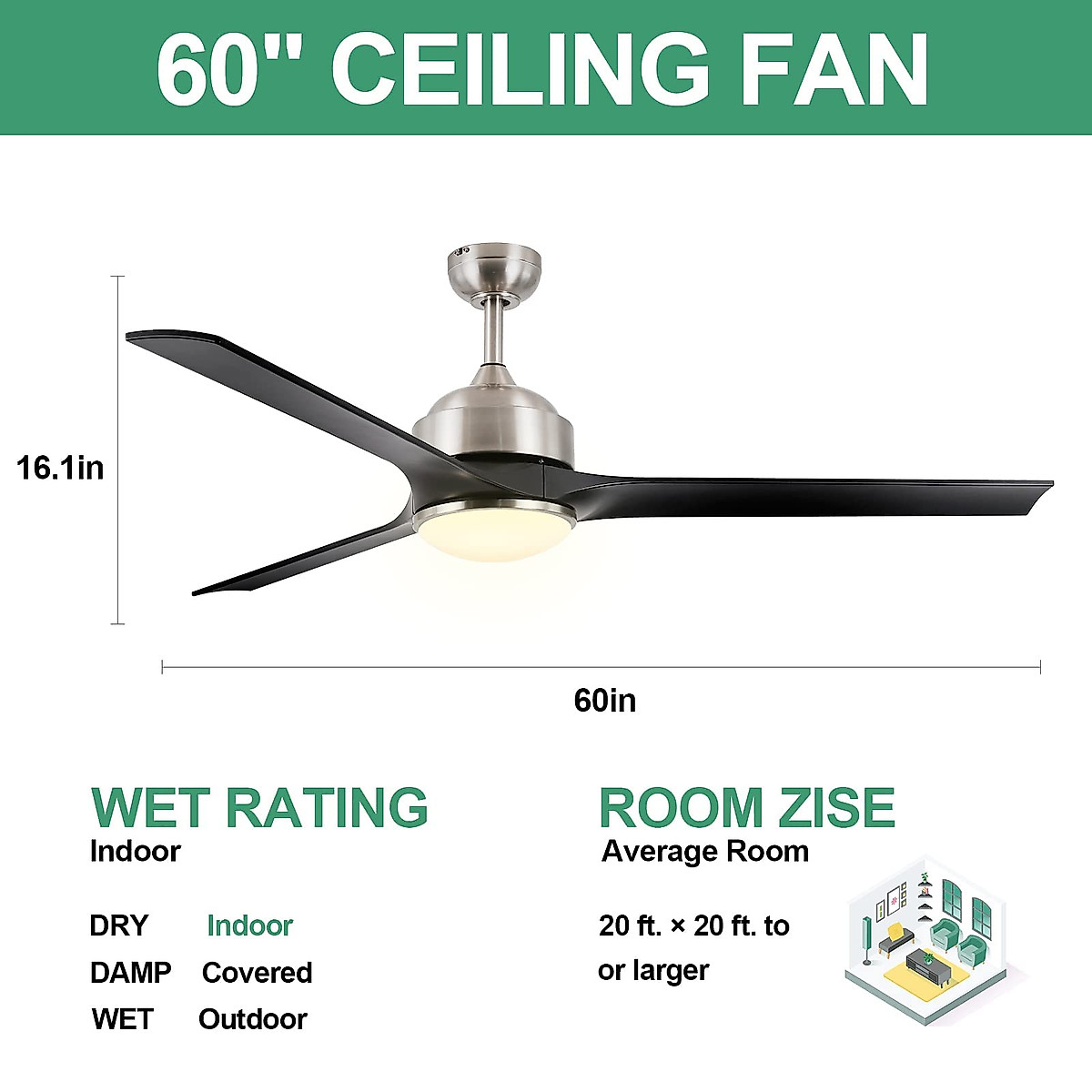 Homeybuff Ceiling Fan with Lights Remote Control, 60-Inch, Brushed Nickel(3 Blades), Dimmable LED Light