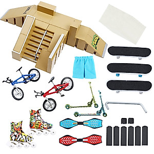 Loving Skate Park Kit, Skate Park Kit Ramp Parts for Finger Skateboard Park Kit Part Training Props with 3 Finger Decks 2 Finger Bike 1 Pair Skates and 2 Scooters and More