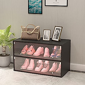 FUQIAOTEC Black Shoe Rack with 10 Colours LED Lights, Shoe Storage Cabinet for Up to 6 Pairs of Shoes, Wood Shoe Shelf with Sliding Glass Doors, Premium Shoe Box