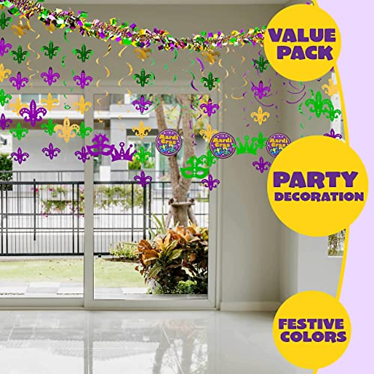 JOYIN 25 PCS Assorted Mardi Gras-themed Set with 24 Hanging Swirls and 1 Strings with Garland Party Decorations Supplies