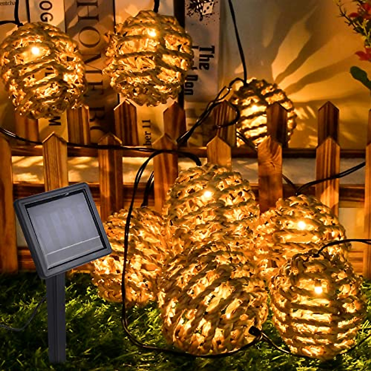 Livinlarge Solar String Lights Outdoor Waterproof, 10 LED Natural Rattan Balls Solar Outdoor Lights, Warm White Solar Powered String Lights for Garden Patio Yard Porch Wedding Party Decor