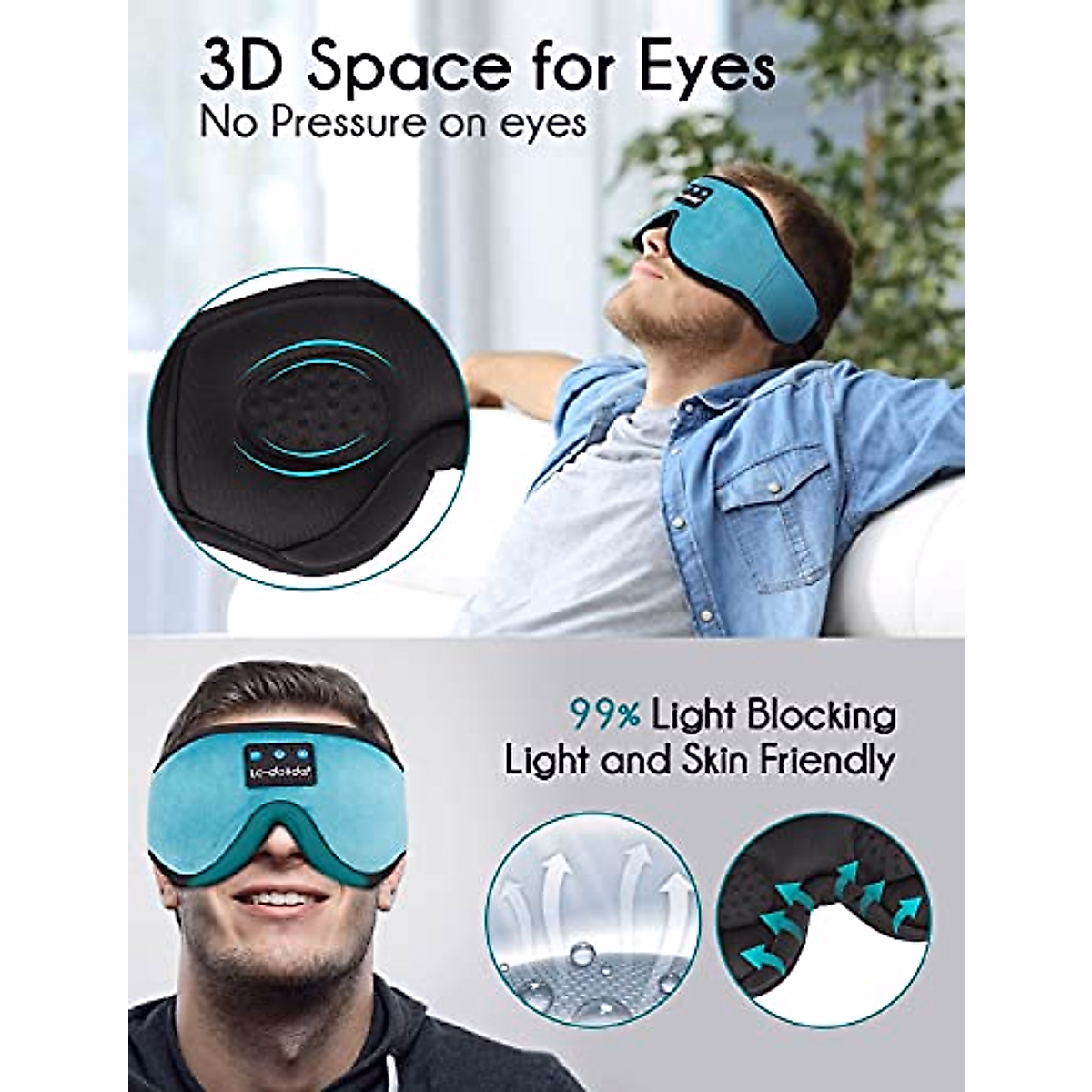 LC-dolida Sleep Headphones Bluetooth Sleep Mask, Sleeping Headphones 3D Eye Mask Wireless Music Sleeping Headphones for Side Sleepers Noise Cancelling Headphones for Men Women （Blue+Grey）