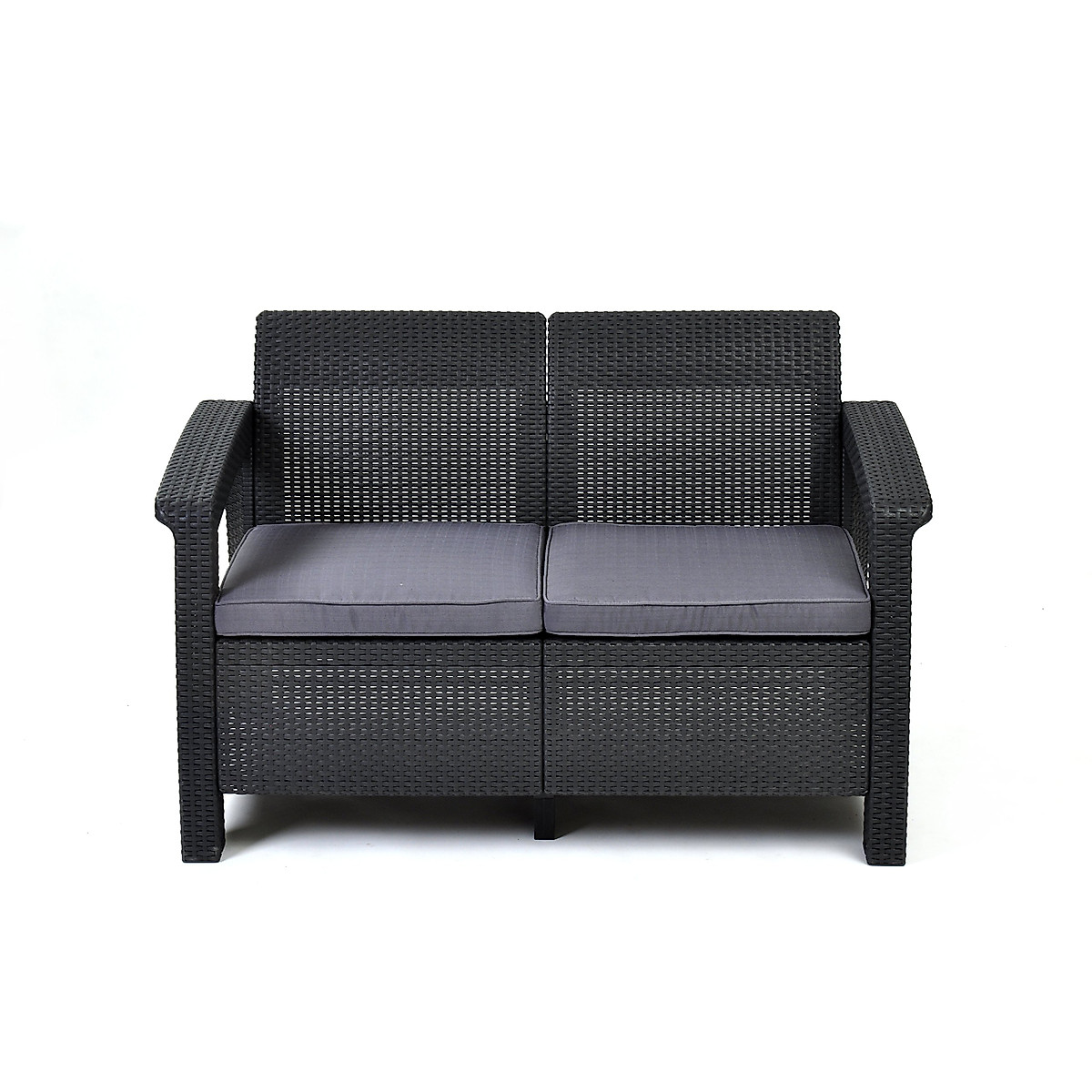 Keter Corfu Resin Wicker Loveseat with Outdoor Cushions – Patio Furniture Perfect for Front Porch Décor and Poolside Seating, Grey