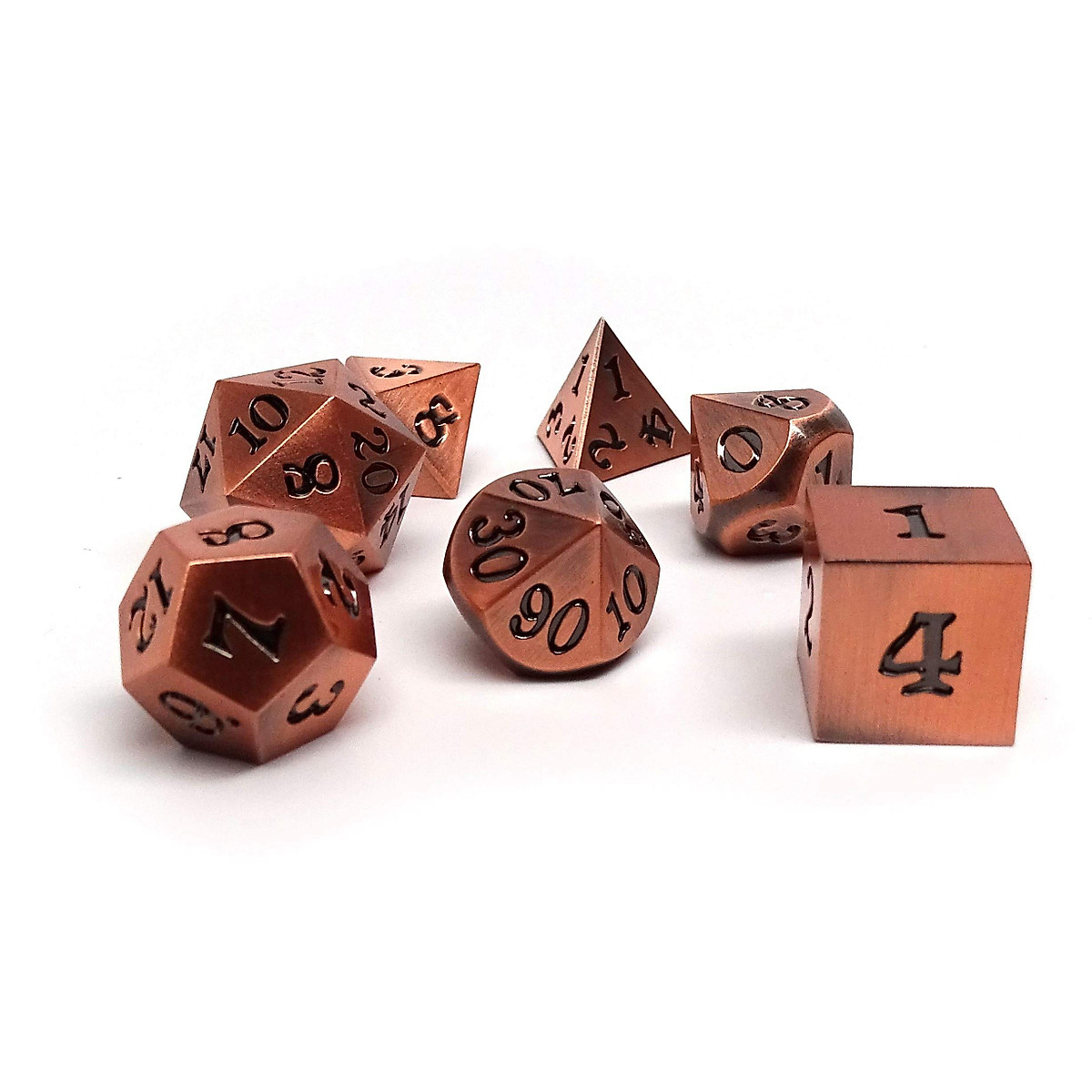 Legendary Copper Metal Polyhedral Dice Set with Black Signature Font - 7 Piece Collection