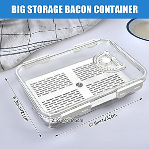 Bacon Container for Refrigerator, Airtight Thick Plastic Deli Meat Keeper with Lids for Fridge, Kitchen Cold Cuts Food Storage Organizer, Bacon Holder Cheese Saver with Serving Tongs and Drain Plate