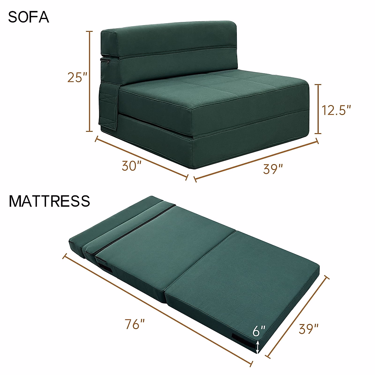 ANONER Memory Foam Fold Out Sofa Bed Couch with Pillow Twin Size Futon Sleeper Chair for Living Room Apartment, Dark Green