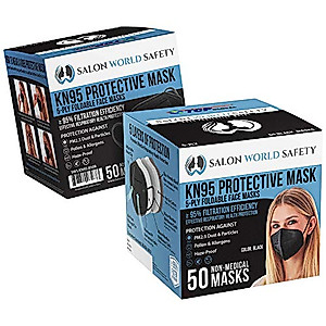 Salon World Safety Black KN95 Protective Masks, Box of 50 - Filter Efficiency ≥95%, 5-Layers, Sanitary 5-Ply Non-Woven Fabric