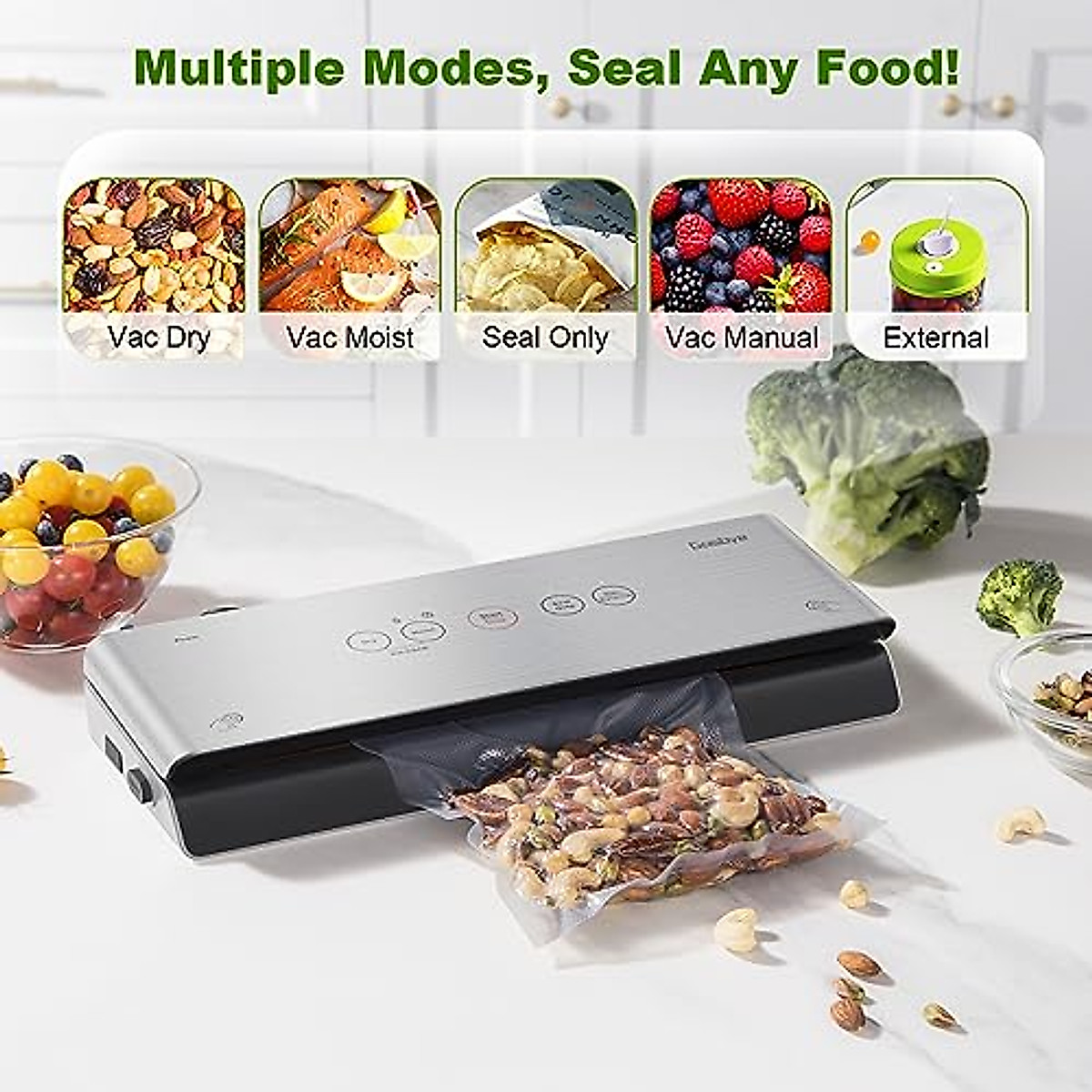 Gasbye 2-Pump Vacuum Sealer, [Takes ALL the Air Out] for Dry & Wet Food Saver, Sous Vide, 44Pcs Precut Bags Included, Easy-to-Clean Removable Drip Tray, Durable Silicone Gaskets, Silver