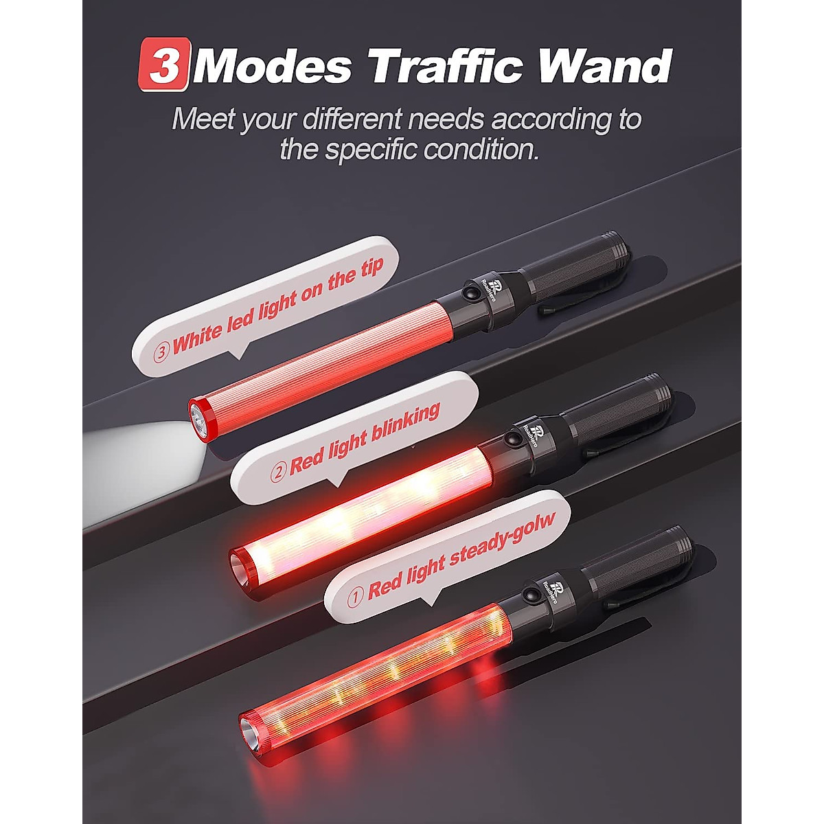 RoadHero 2 Pack Traffic Wand, 16 Inch Led Traffic Control Wands with 3 Flashing Modes, Air Marshaling Signal Wand Plus White LED on Tip for Airport, Parking, Car Directing