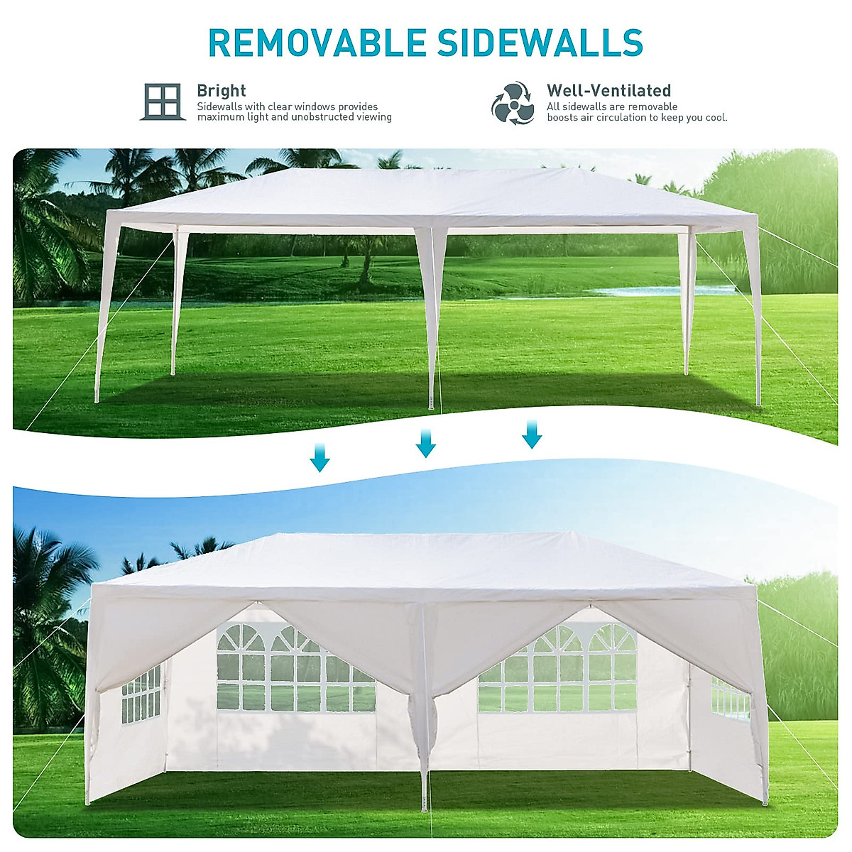 10'x20' Outdoor Party Tent, Large Wedding Birthday Tents for Parties, White Canopy Tent with 6 Removable Sidewalls & Transparent Windows, Outside Gazebo Event Tent for Garden, Patio and Backyard