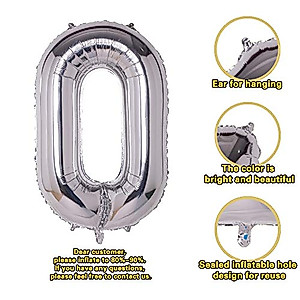 Silver 0 Balloons,40 Inch Birthday Foil Balloon Party Decorations Supplies Helium Mylar Digital Balloons (Silver Number 0)
