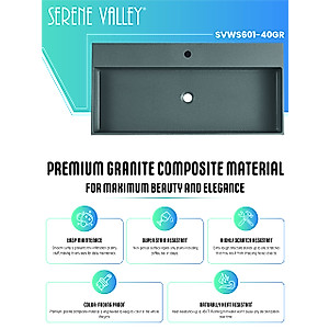 Serene Valley Bathroom Sink, Wall-Mount Install or On Countertop, 40" with Single Faucet Hole, Premium Granite Material in Matte Gray