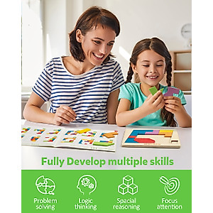 Coogam Wooden Puzzle Blocks Geometric Tangram Brain Teasers Jigsaw 3D Logic IQ Game Colorful Shape Pattern Montessori STEM Educational Toys Gift 60 Challenges for All Age