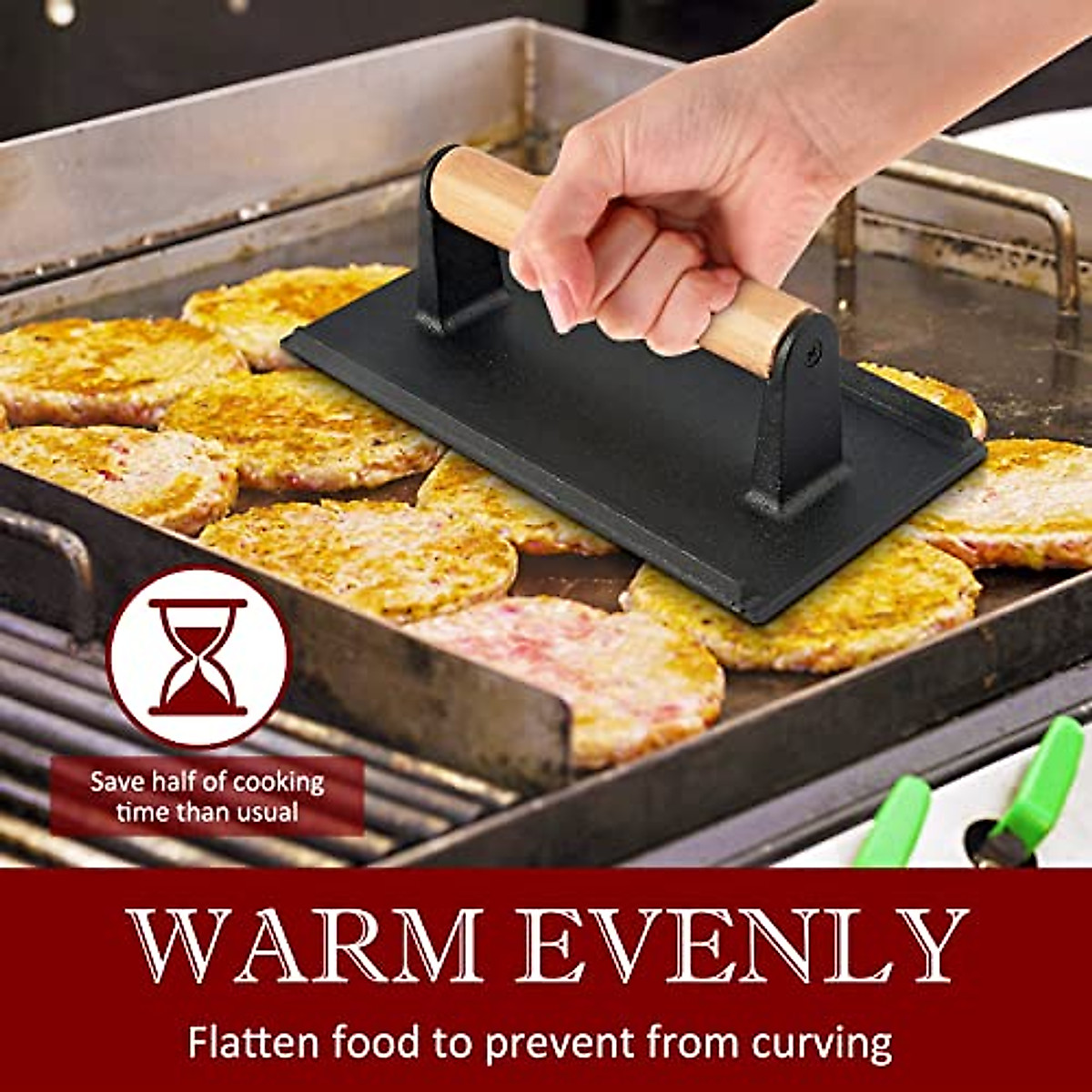 HaSteeL 2Pcs Cast Iron Bacon Press, Smash Burger Press for Teppanyaki Flat Top Griddle, Heavy Duty Round 7In & Rectangular 8x4In Grill Press, Perfect for BBQ Meat, Paninis, Tortilla, Steak, Sandwich