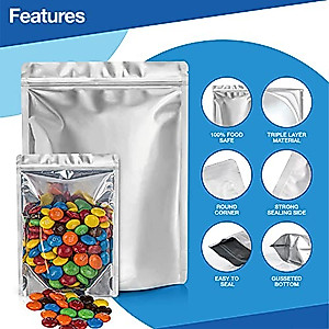 BELLE KR® 100 Pcs Mylar Bags for Food Storage With Oxygen Absorber 500cc - Large Mylar bags 1 Gallon(10x14), 7x10 & 5x8, 4x6 with 1 Side Clear - (25 Pcs Each) Stand Up Mylar Bags with 100 Labels