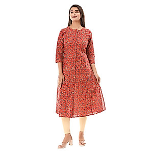 Vihaan Impex Printed Casual Red Floral Kurti for Women Long Kurta Tunic 3/4 Sleeve (as1 alpha l regular regular)