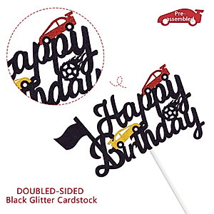 Marwey Race Car Birthday Cake Topper Happy Birthday Cake Decor Chequered Flag Themed Party Supplies Decorations(Doubled-Sided)