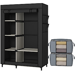 Calmootey Portable Closet, Wardrobe with 6 Shelves and Hanging Rod, Storage Organizer for Bedroom, Non-Woven Fabric Cover with 4 Side Pockets, Includes 2 Storage Bags for Clothes, Black