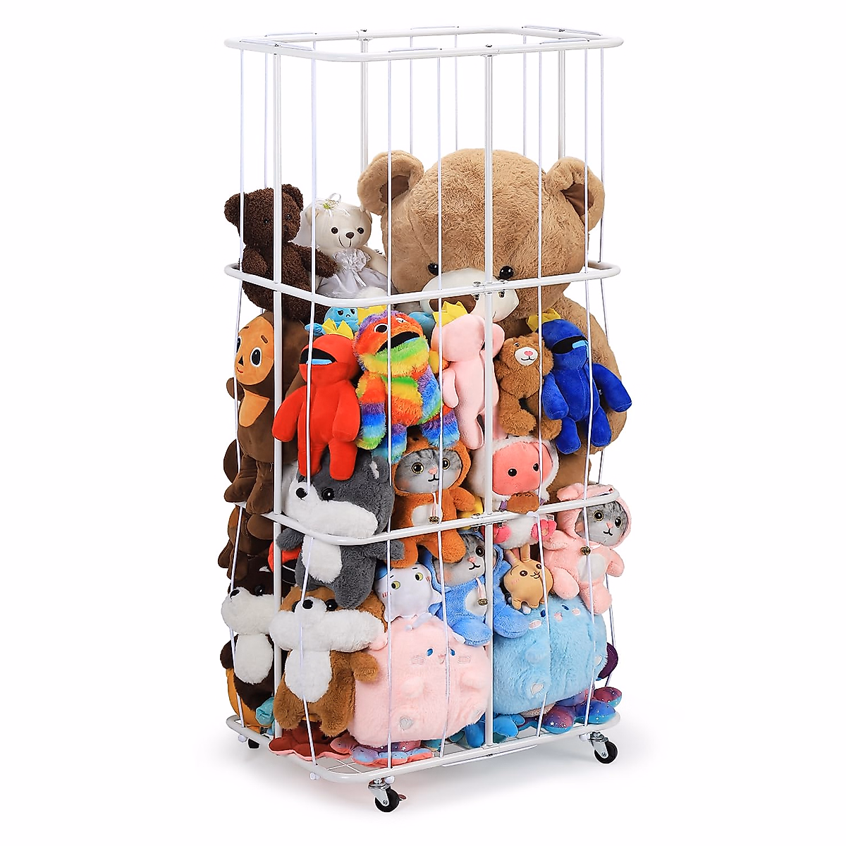 Ebeneze Metal Stuffed Animal Storage, Large Stuffed Animal Zoo Holder, Kids Toy Storage Organizer with Wheel and Elastic String, Plush Storage Shelf for Kids Room, Bedroom, Playroom, Nursery, White