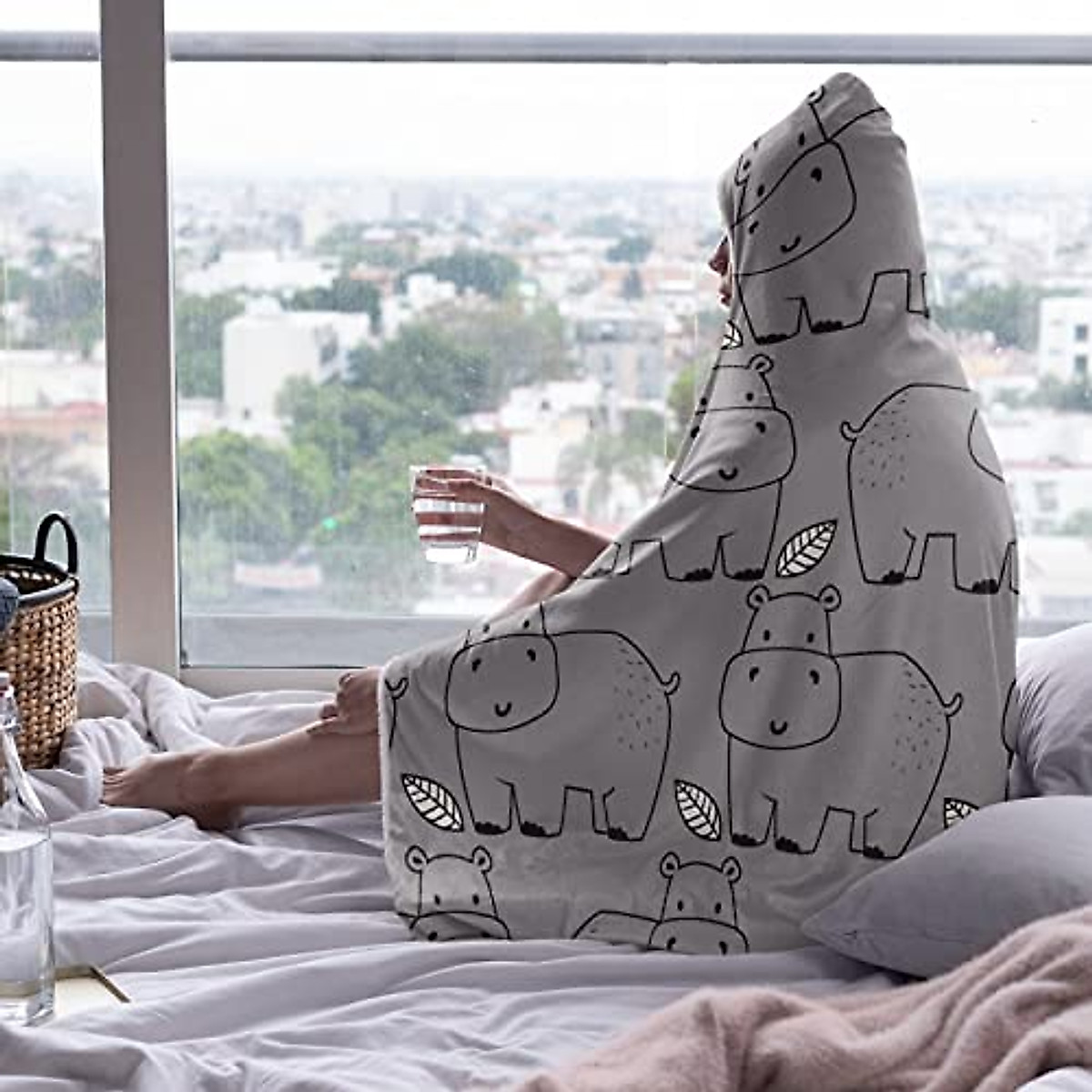 ARAHANT Cute Hippo Hooded Blanket, Cartoon Animal Hooded Blanket,  Hippopotamus Gift for Kid, Flannel, Soft and Comfortable, Suitable for Sofa, Living Room, Bedroom, 60'' x 80'' for Adult