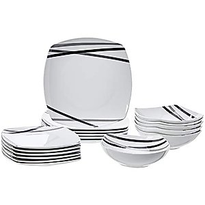 Amazon Basics 18-Piece Kitchen Dinnerware Set - Square Plates, Bowls, Service for 6 - Modern Beams