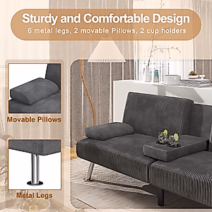 YESHOMY Futon Sofa Bed Corduroy Folding Couch with Removable Armrests, Metal Legs, 2 Cup Holders for Living Room, Grey