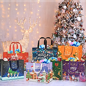 8Pack Large Christmas Gift Bags, Reusable Christmas Bags for Gifts，Christmas Tote Bags with Handles, 12.4"×9.7"×6.8" Xmas Gift Bags for Christmas Presents, Holiday Gift Bags for Shopping, Party Favor