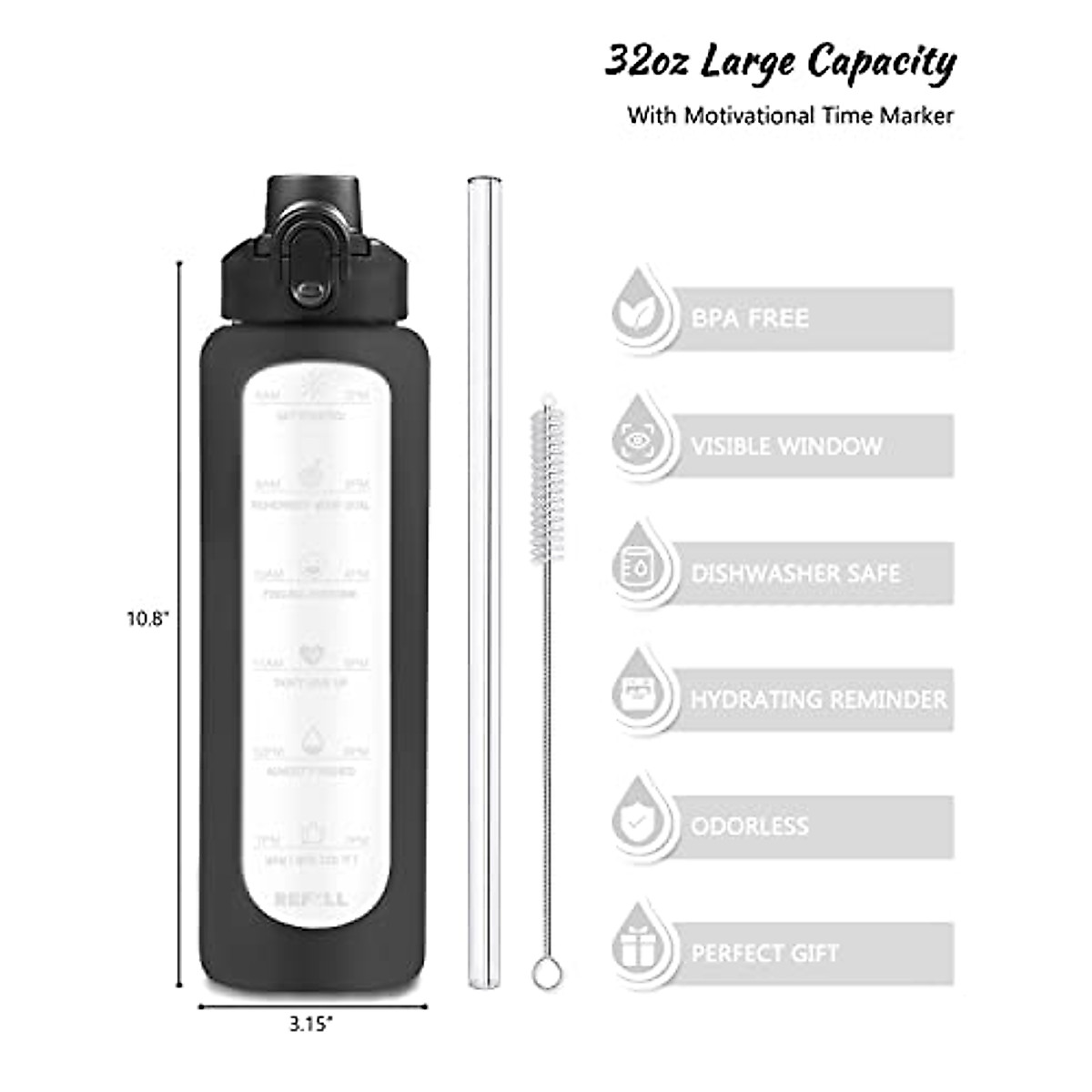 Nefeeko 32 oz Glass Water Bottles with Straw, Motivational Glass Water Bottle with Time Marker, 1 Liter BPA FREE Leakproof Reusable Glass Water Bottle with Silicone Sleeve, Bamboo Lid, Spout Lid