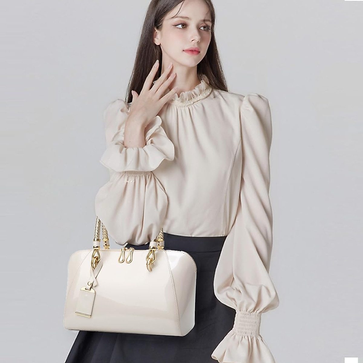 ZiMing Glossy Patent Leather Handbags for Women Top Handle Purse Satchel Bag Stylish Handbag Medium Tote Bags Shoulder Bag Evening Bag-White