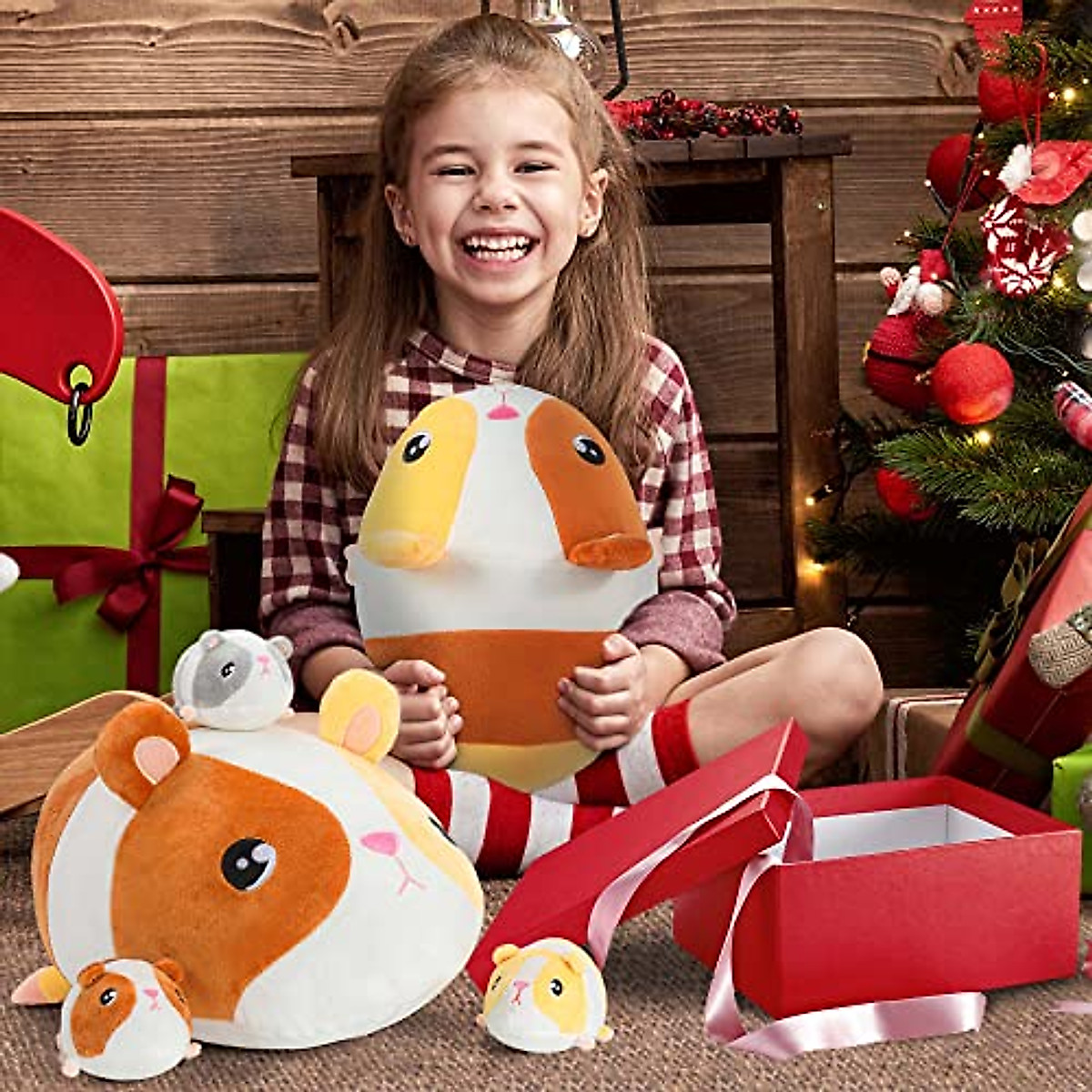 14inch Guinea Pig Stuffed Animals, Mama Hamster Plushie Pillow with 3 Cute Babies Guinea Pig Mouse Plush Toys, Birthday Christmas Surprise Gifts for Kids Girls Boys