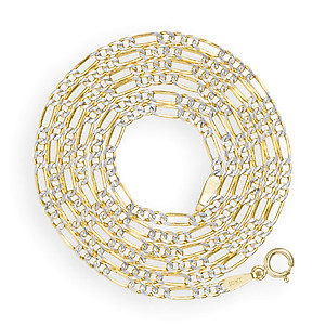 Nuragold 10k Yellow Gold 2mm Figaro Chain Link Diamond Cut Pave Two Tone Pendant Necklace, Womens Mens Jewelry 16" 18" 20" 22" 24"