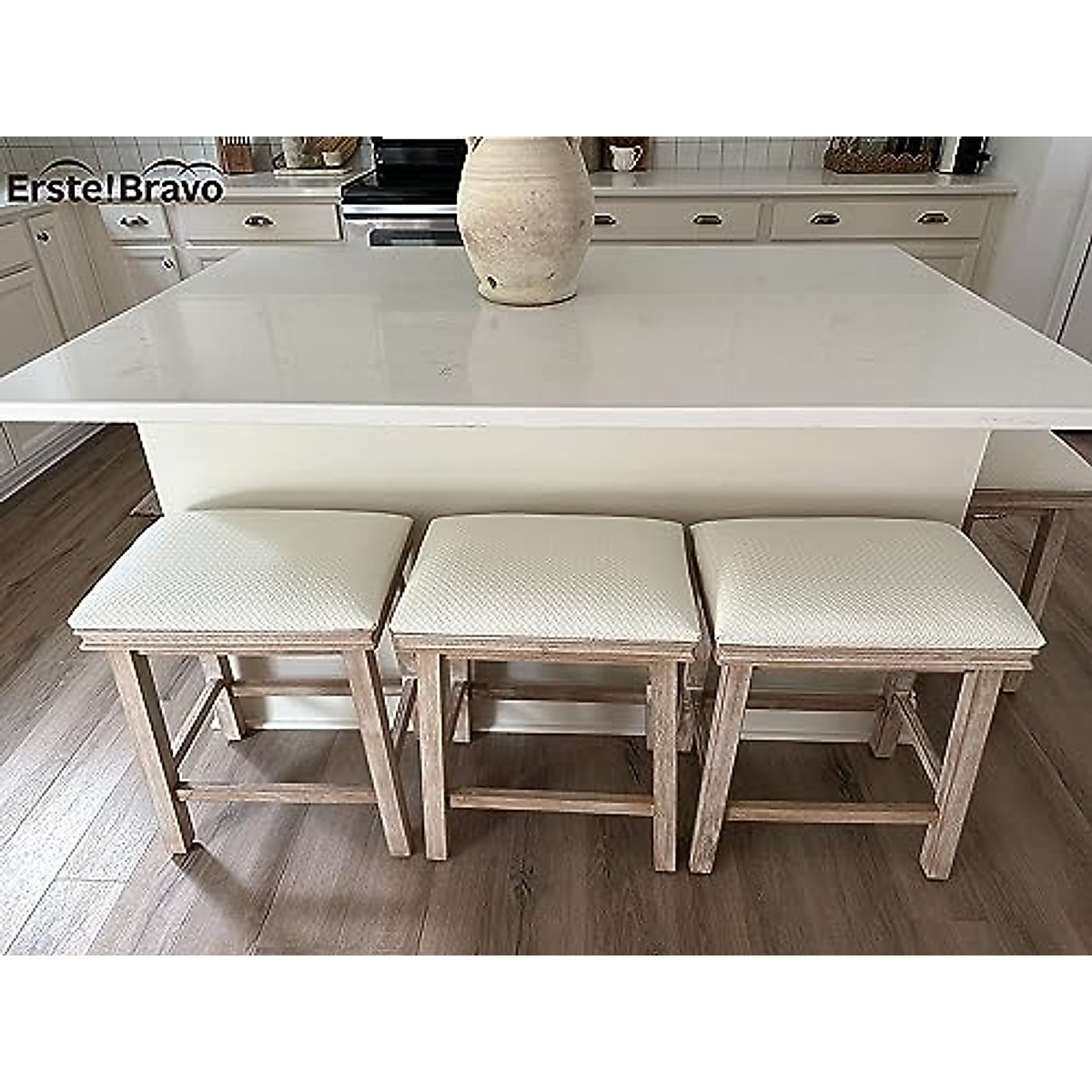 Erste!Bravo White Solid Wood Bar Stools Set of 2 for Kitchen Counter Counter Height Coastal Barstools with Faux Leather Farmhouse Upholstered Stools for 34"-38" Island, Creamy White Cushion, Wood Legs