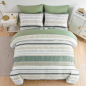 Davulos Boho Stripe Comforter Set Queen Size 7 Piece Bed in a Bag, White Sage Green Patchwork Striped Comforter and Sheet Set, Soft Microfiber Complete Bedding Set for All Season(Green,Queen)