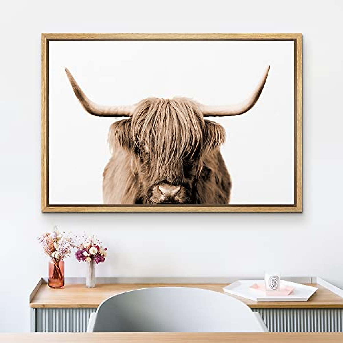 SIGNLEADER Framed Canvas Print Wall Art Brown Full-Frame Closeup of Highland Cow Animals Wilderness Photography Realism Portrait Relax/Calm Duotone for Living Room, Bedroom, Office - 24"x36" NATURAL