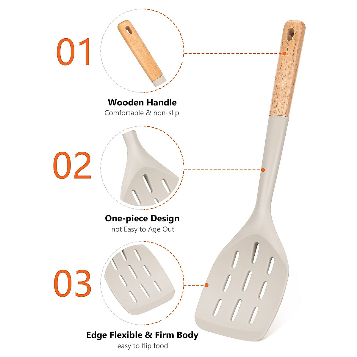 Pack of 3 Silicone Spatula, Non Stick Cooking Utensil Set Wooden Handle Kitchen Turner for Baking Mixing Grilling Serving Food Heat Resistant Non Scratch Hooks Included,Khaki