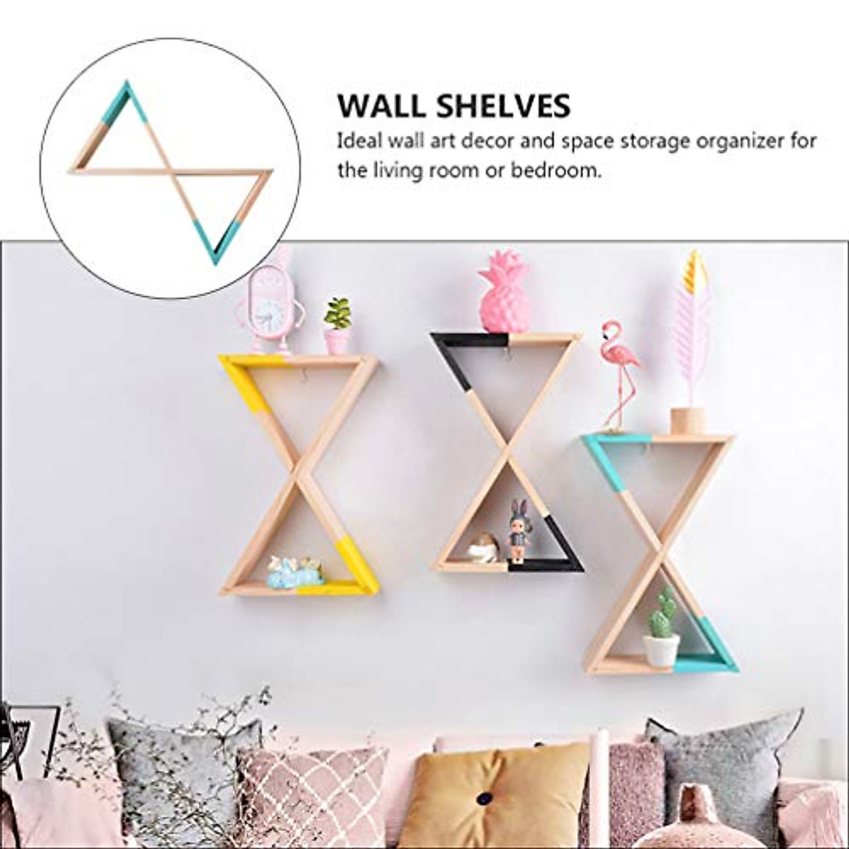 Garneck Wall Shelf Decor Wooden Floating Shelf Triangle Funnel Shaped Shelf Organizer Wall Mount Decorative Display Shelves Home Office Wall Storage Holder Green Botanical Decor