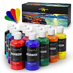 Magicfly Bulk Acrylic Paint Set, 14 Rich Pigments Colors (280 ml/9.47 fl oz.) Acrylic Paint Bottles, Non-Fading, Non-Toxic Craft Paints for Painting on Canvas, Christmas Decorations, Ideal for Beginners, Artist & Hobby Painters