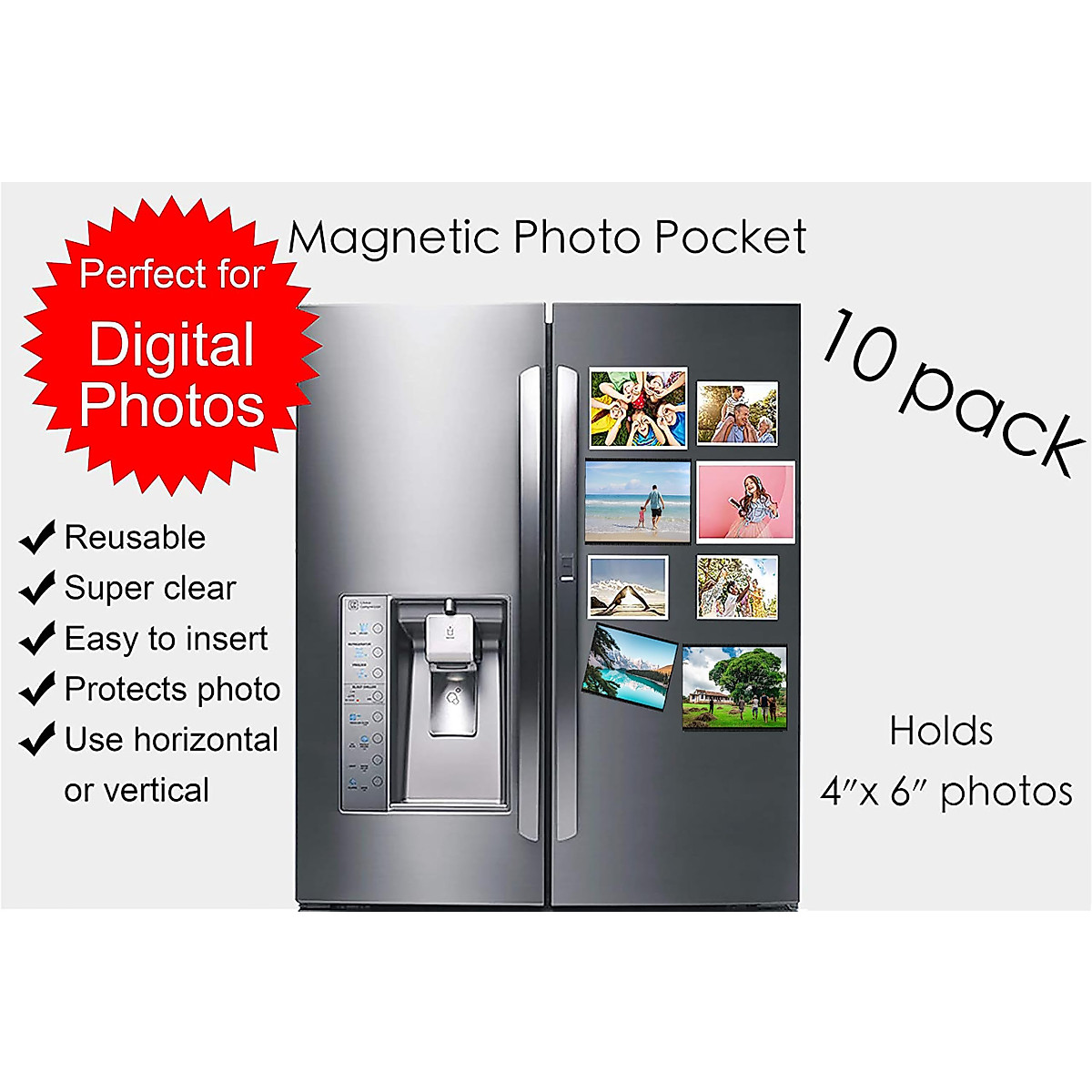Mositear 10 Pack 4"x6" Premium Super Slim Magnetic Picture Pockets Frames with Black Holds 4 x 6 inches Photo for Refrigerator | NEW VERSION | EASE of INSERTING
