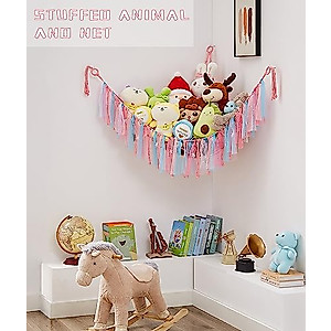 Kopduki 59 in Stuffed Animal Hammock with Stars-Light, Stuffed Animal Storage, Teddy Bear Hammock with Tassel & Hooks for Nursery Room, Corner Mesh Toy Hammock for Stuffed Animals for Playroom