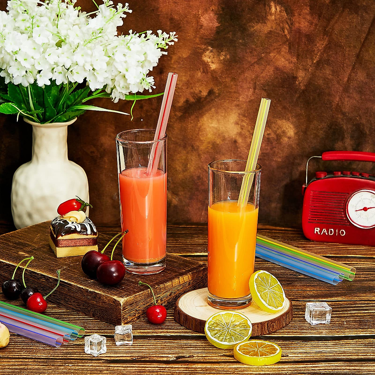 300 Pcs Jumbo Boba Straws Large Smoothie Straws Individually Wrapped Bubble Tea Striped Straws 9.06 Inches Extra Wide Plastic Milkshake Straws Disposable Drinking Straws with Pointed End for Drinks