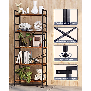 CosyStar 5-Tier Adjustable Tall Bookcase, Rustic Wood and Metal Standing Bookshelf, Industrial Vintage Book Shelf Unit, Open Back Modern Office Bookcases