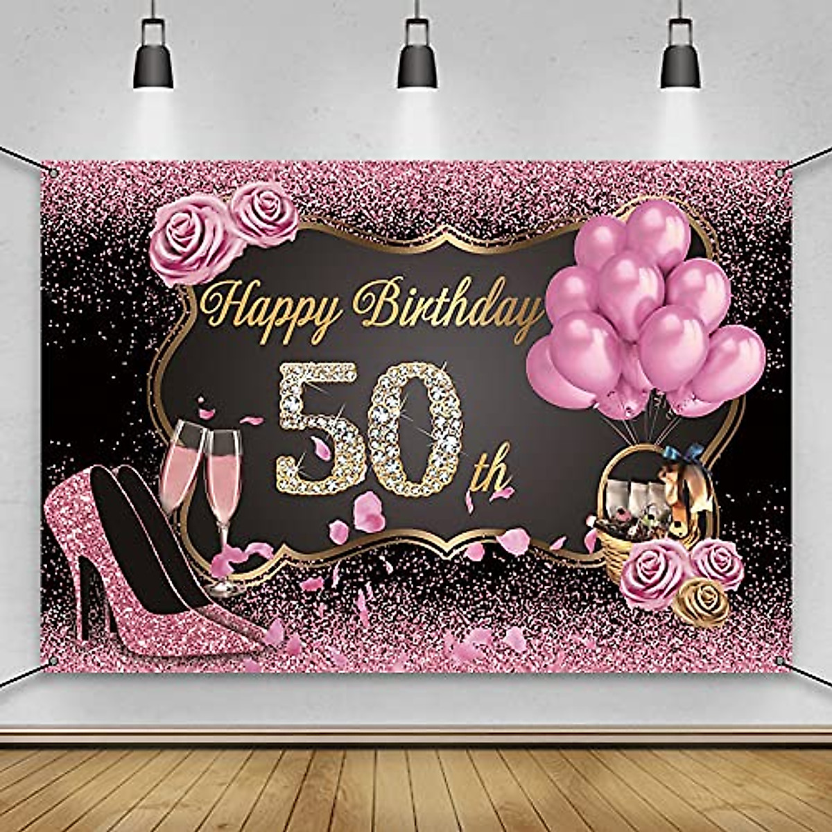 AWERT Polyester 6x3.6ft Happy 50th Birthday Banner Pink Gold Sign Poster for Women 50th Birthday Party Decorations Banner Balloons High Heels Champagne Rose Diamonds 50th Birthday Party Supplies